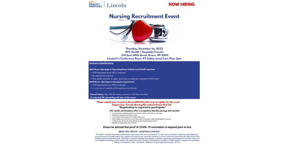 Lincoln Nursing Recruitment Event - NYC Health + Hospitals
