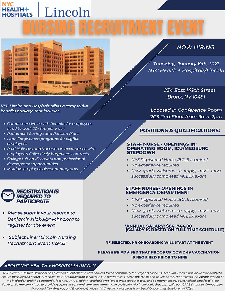 Lincoln Nursing Recruitment Event - NYC Health + Hospitals