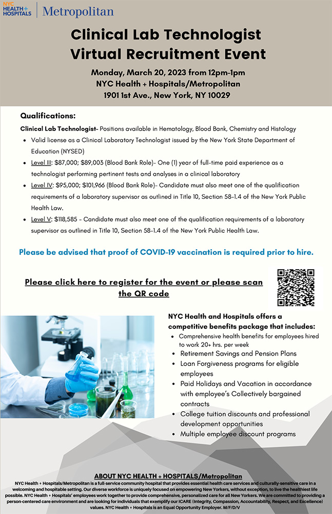 Metropolitan Clinical Lab Technologist Virtual Recruitment Event - NYC ...