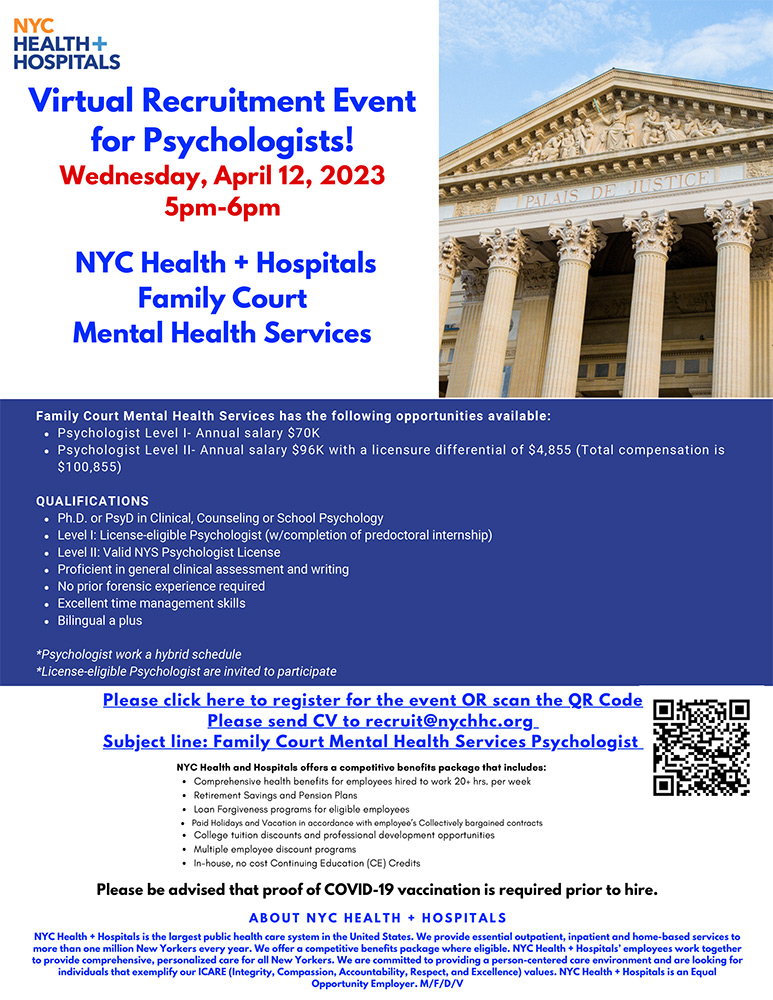 Virtual Recruitment Event for Psychologists! - NYC Health + Hospitals