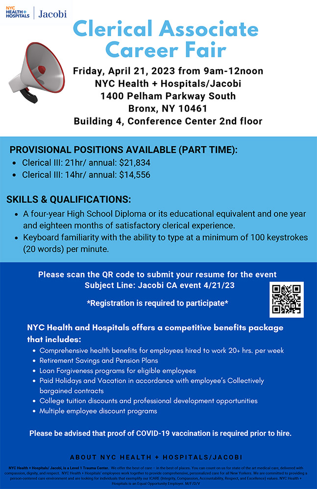 Jacobi Clerical Associate Career Fair - NYC Health + Hospitals