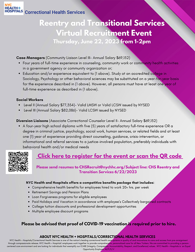 Correctional Health Services Reentry and Transitional Services Virtual Recruitment Event - NYC ...