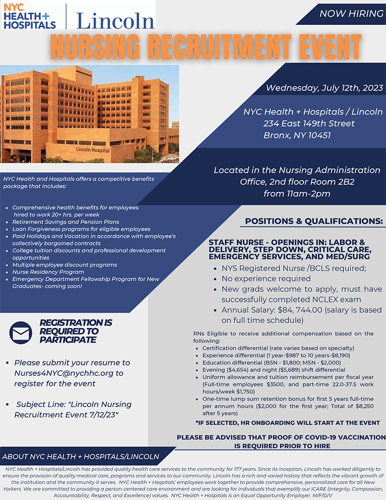 Lincoln Nursing Recruitment Event - NYC Health + Hospitals