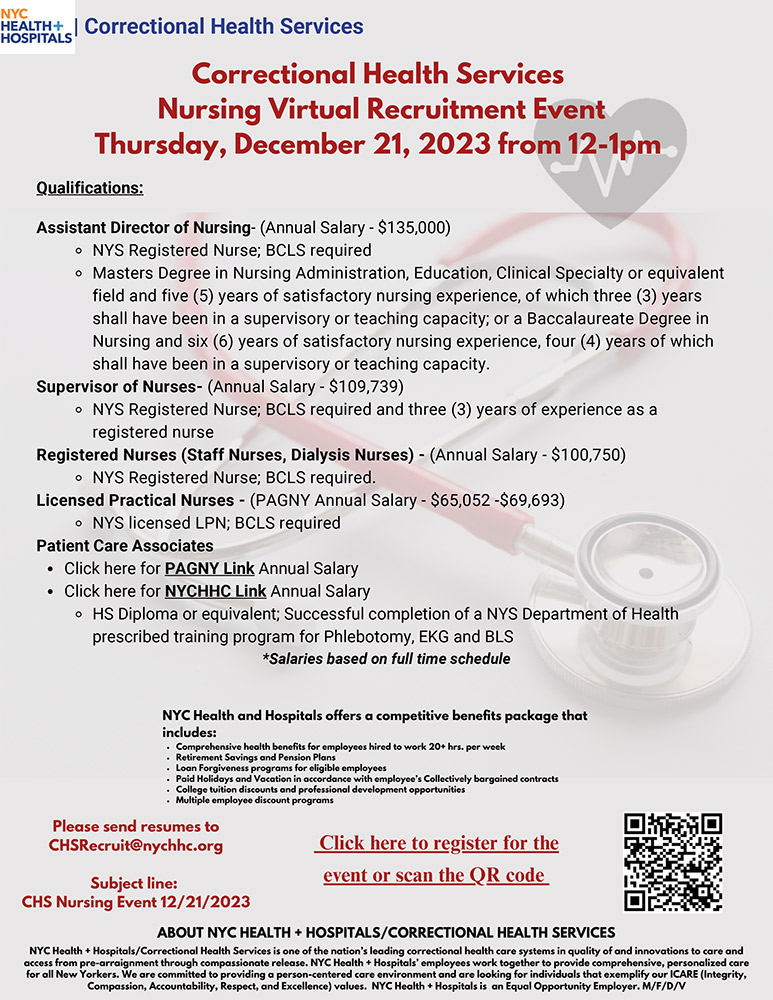 Correctional Health Services Nursing Virtual Recruitment Event - NYC ...