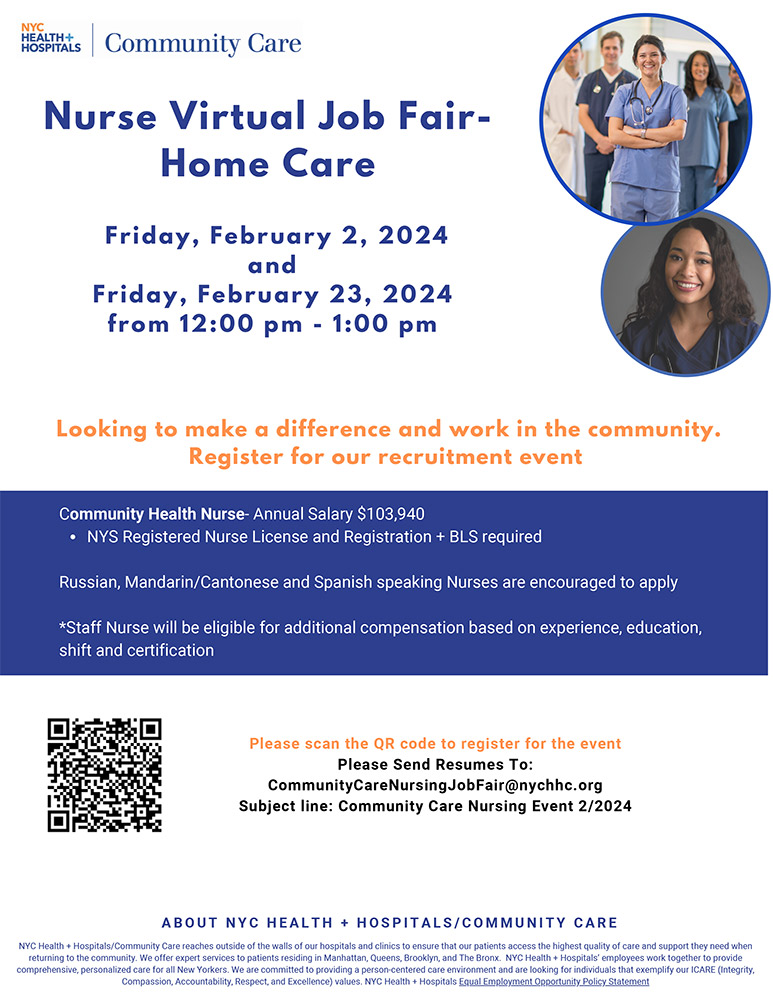 Community Care Nurse Virtual Job Fair - Home Care - NYC Health + Hospitals