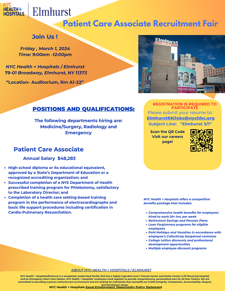 Elmhurst Patient Care Associate Recruitment Fair - NYC Health + Hospitals